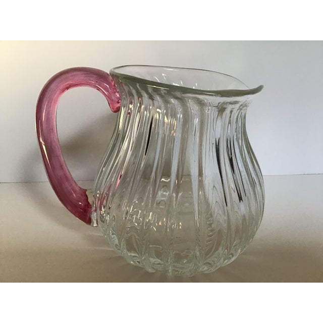 Vintage Ribbed Blown Glass Round Pitcher With Pink Glass Handle | Chairish