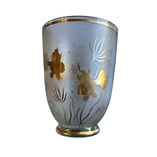1930s Monumental Etched Glass Vase With Gold Fish Overlay | Chairish