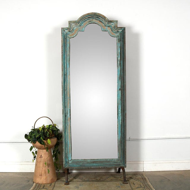 Antique Indian Teakwood Painted Window Frame + Mirror | Chairish
