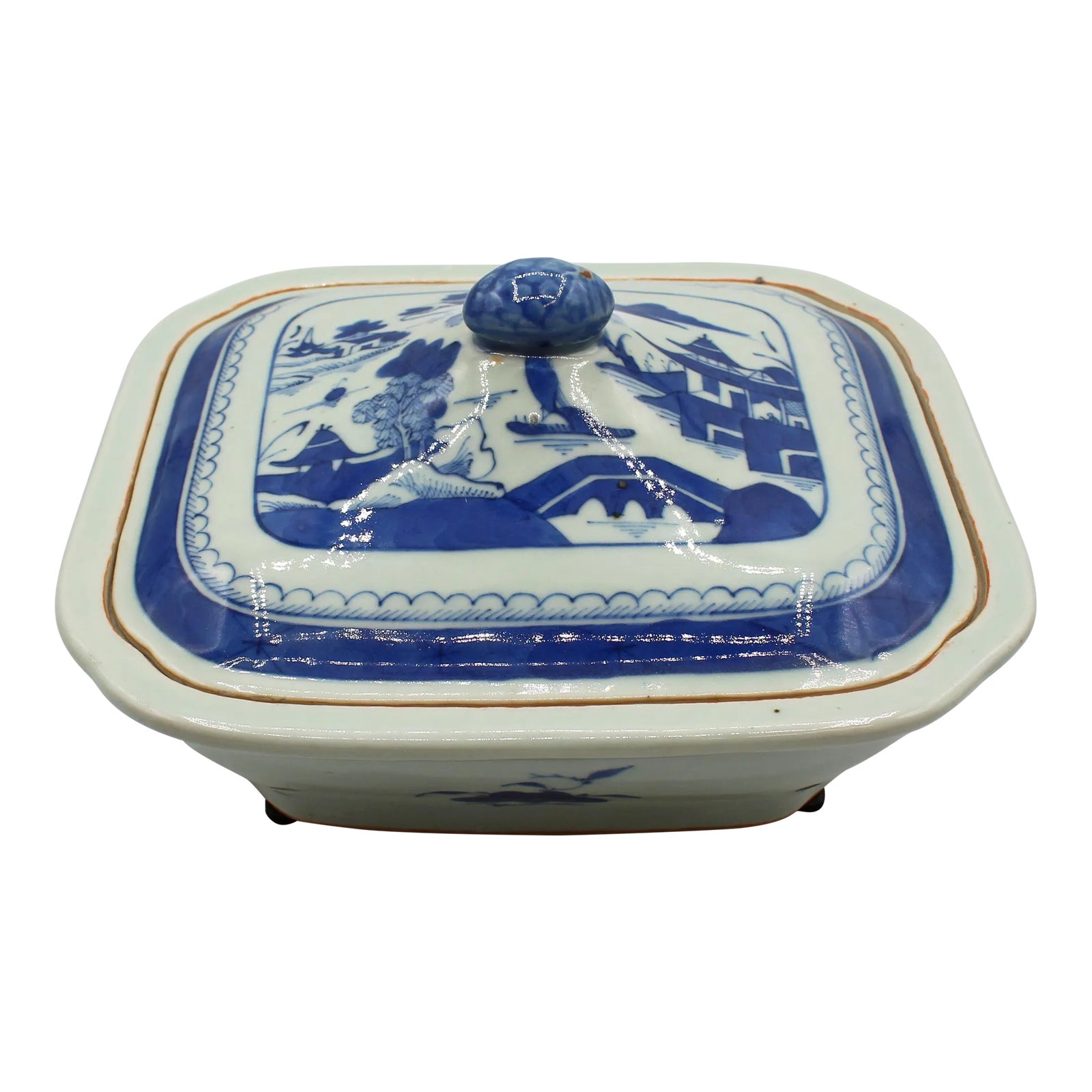Circa 1860s Blue Canton Covered Vegetable Dish | Chairish