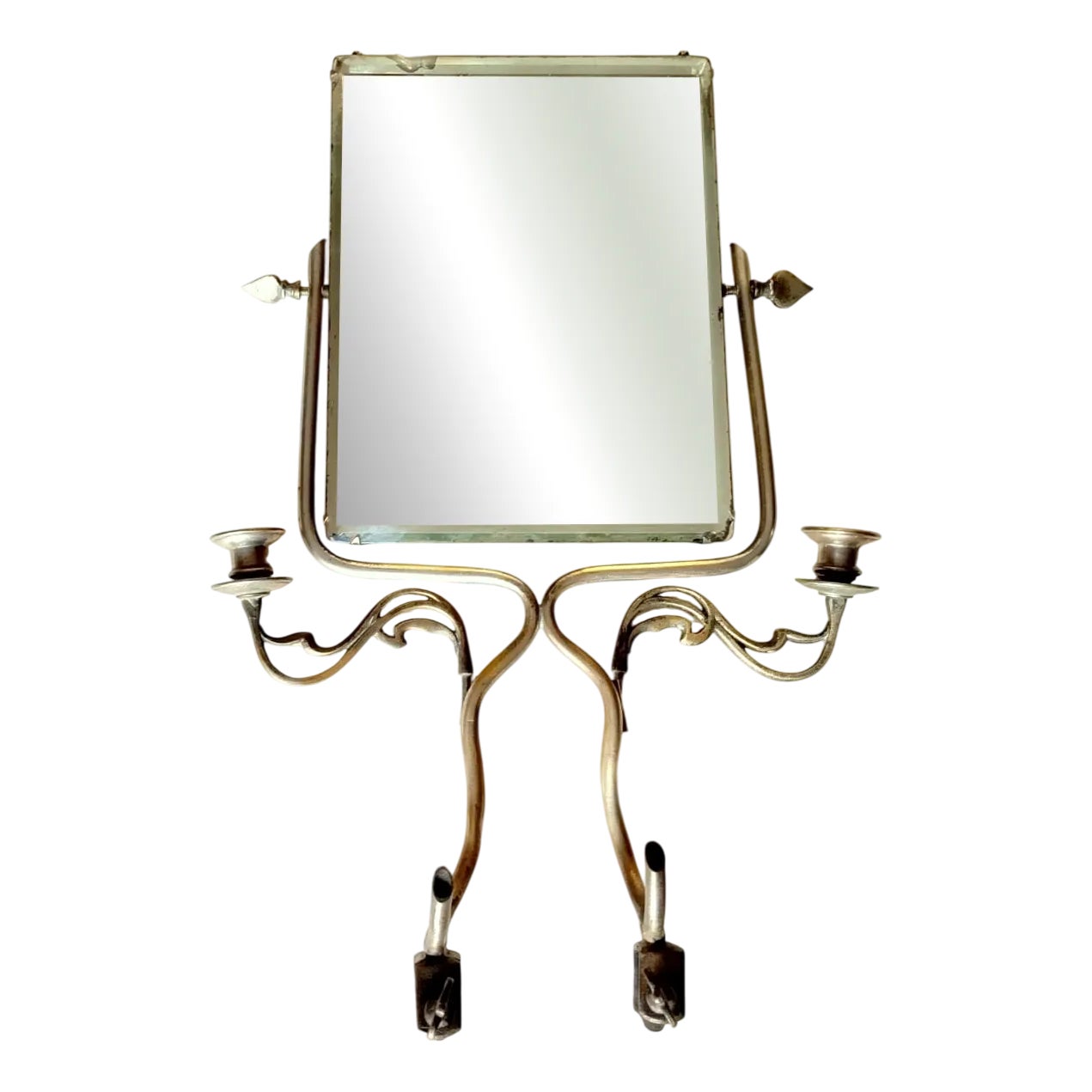 Nickel-Plated Wrought Iron Mirror with Candleholder and Clamps, 1930s ...