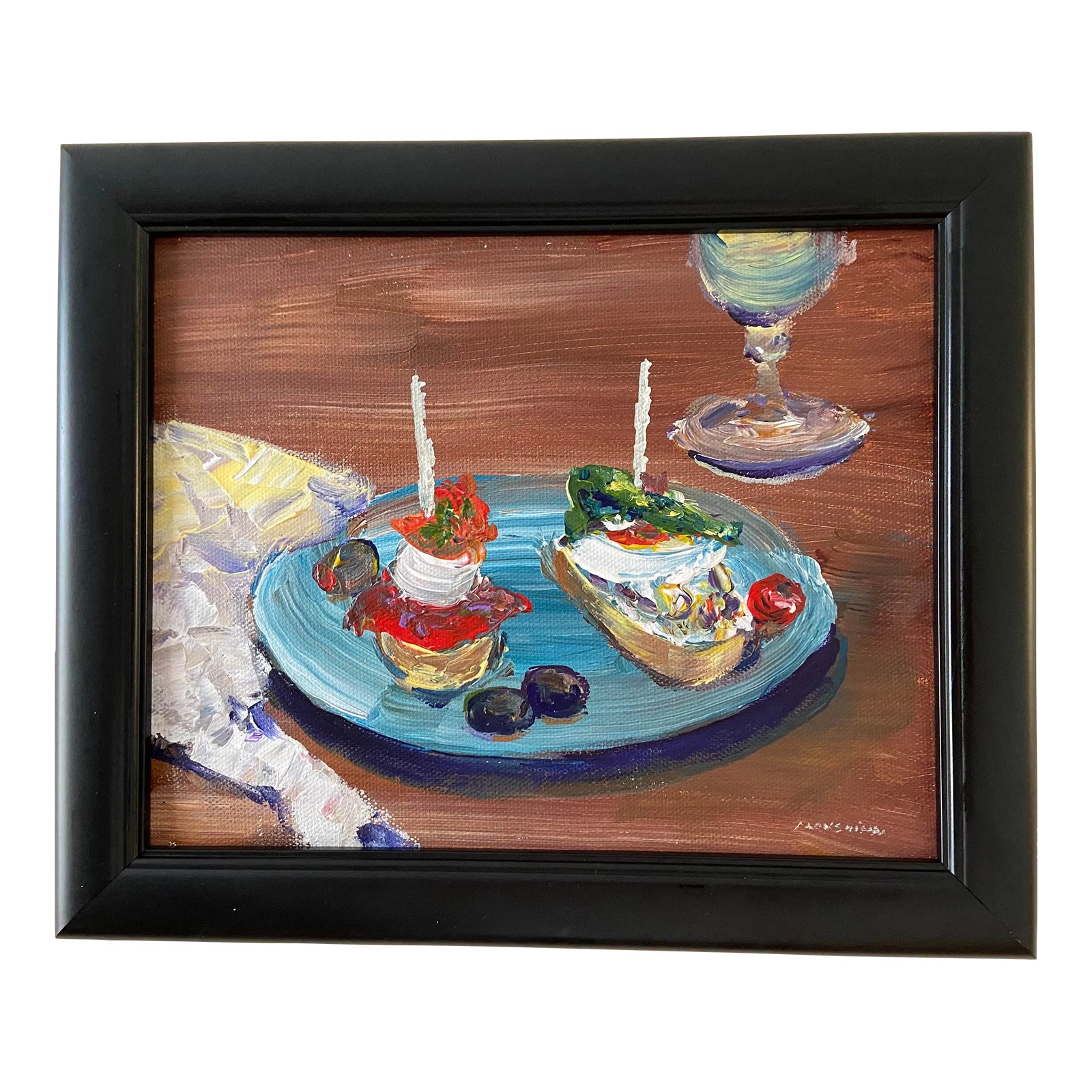 Original Appetizer Painting - Crusty Bread, Cheese, Chili and Wine ...