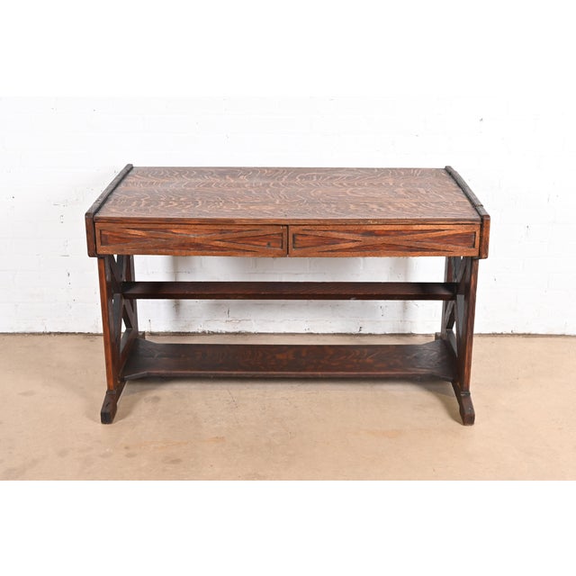 Limbert Style Antique Mission Tiger Oak Arts & Crafts Trestle Library ...