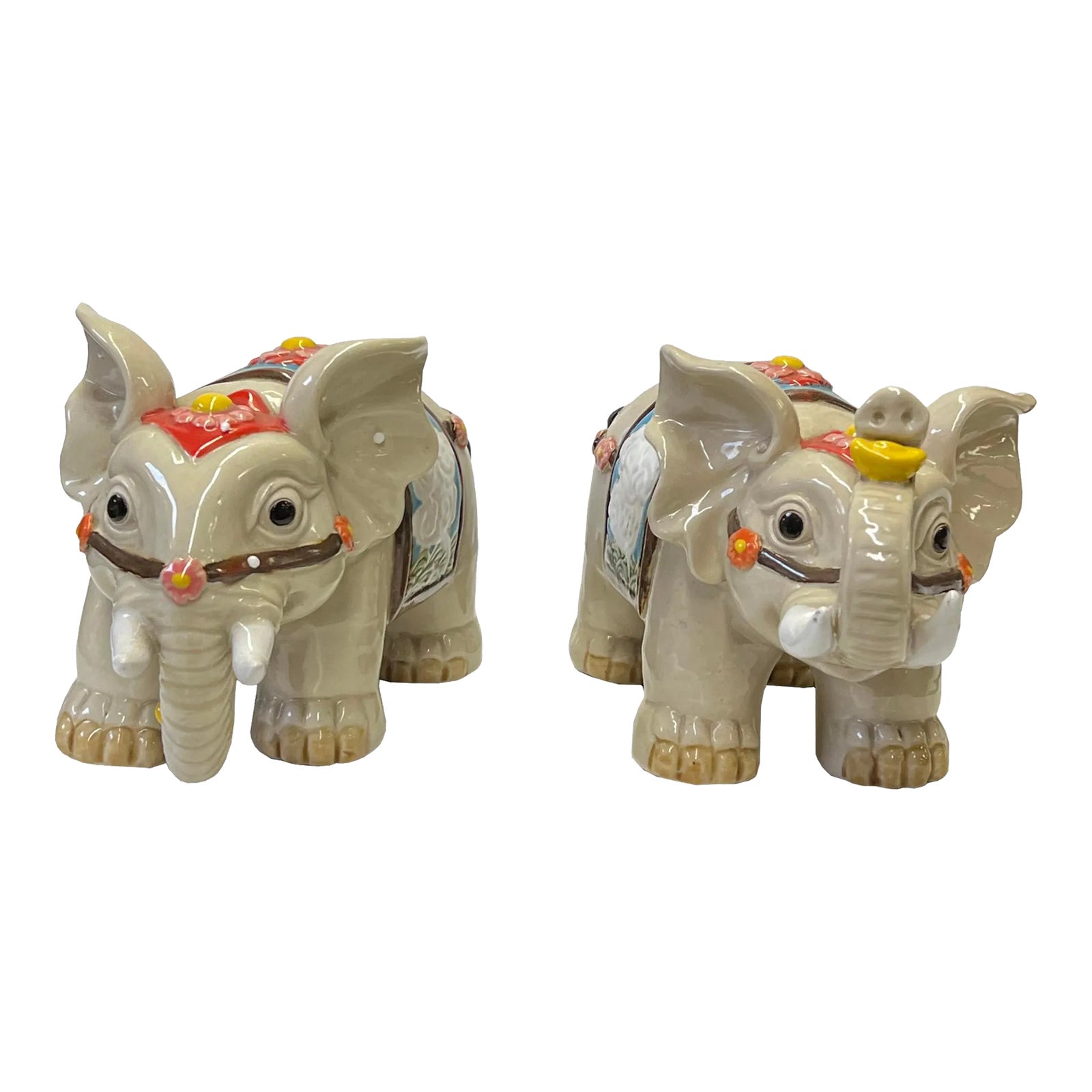Pair Chinese Ceramic Clay Beige RuYi Ingot Decor Elephant Figures ...