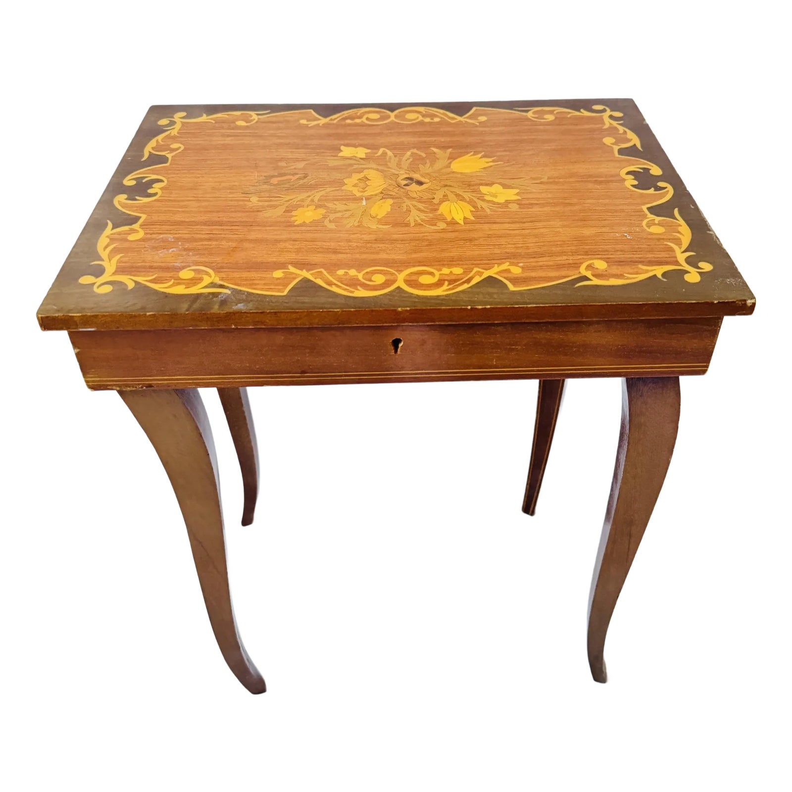 Vintage Italian Inlaid Wood Music Box Table | Chairish