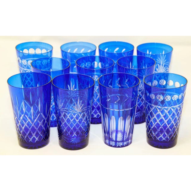 Cobalt Blue Cut to Clear Crystal Drinking Rock Glasses Tumblers Set of 11 | Chairish