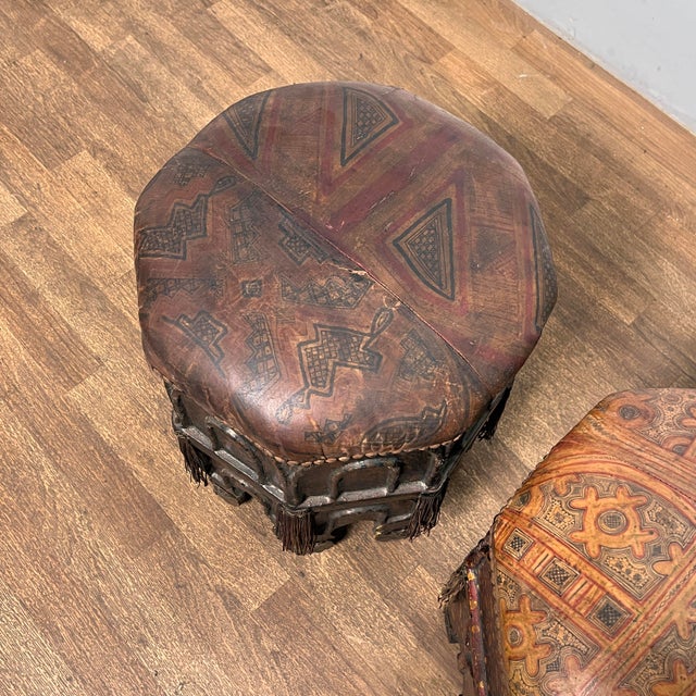 Late 20th C.. Moroccan Stools With Goat Hide Seats - a Pair | Chairish