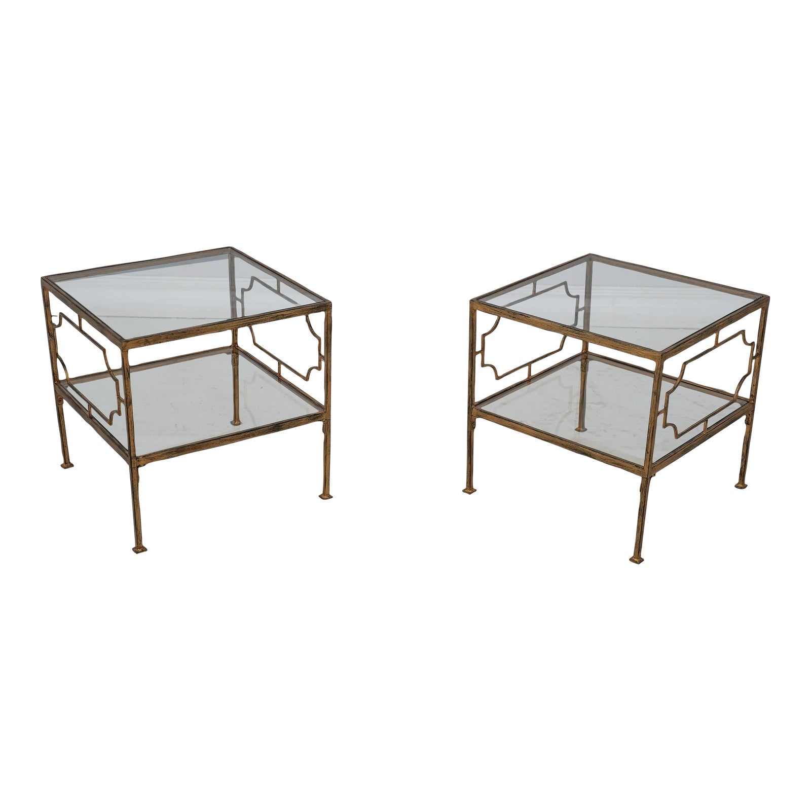 Pair Modern Design Gold Finish Glass Top End Tables | Chairish
