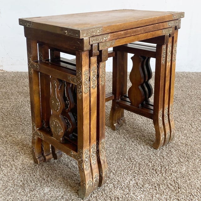 Japanese Wooden Nesting Tables With Brass Accents - Set of 3 | Chairish