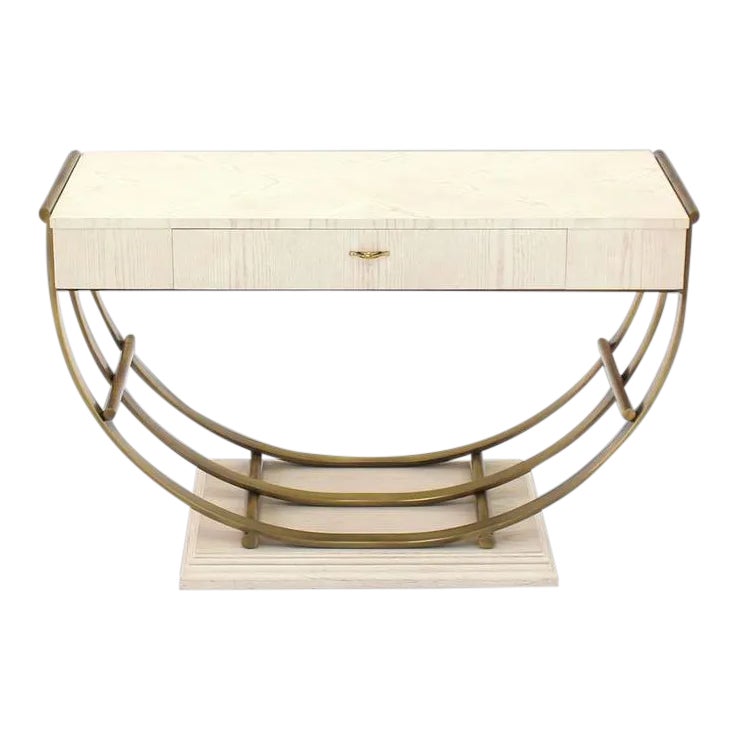 Vintage Mid Century White Pickled Oak Finish Brass U-Shape Base Console ...