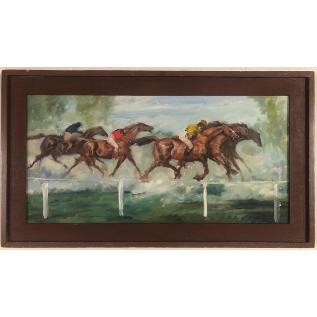 1960s Expressionist Race Horse Racing Scene Framed Oil Painting on ...