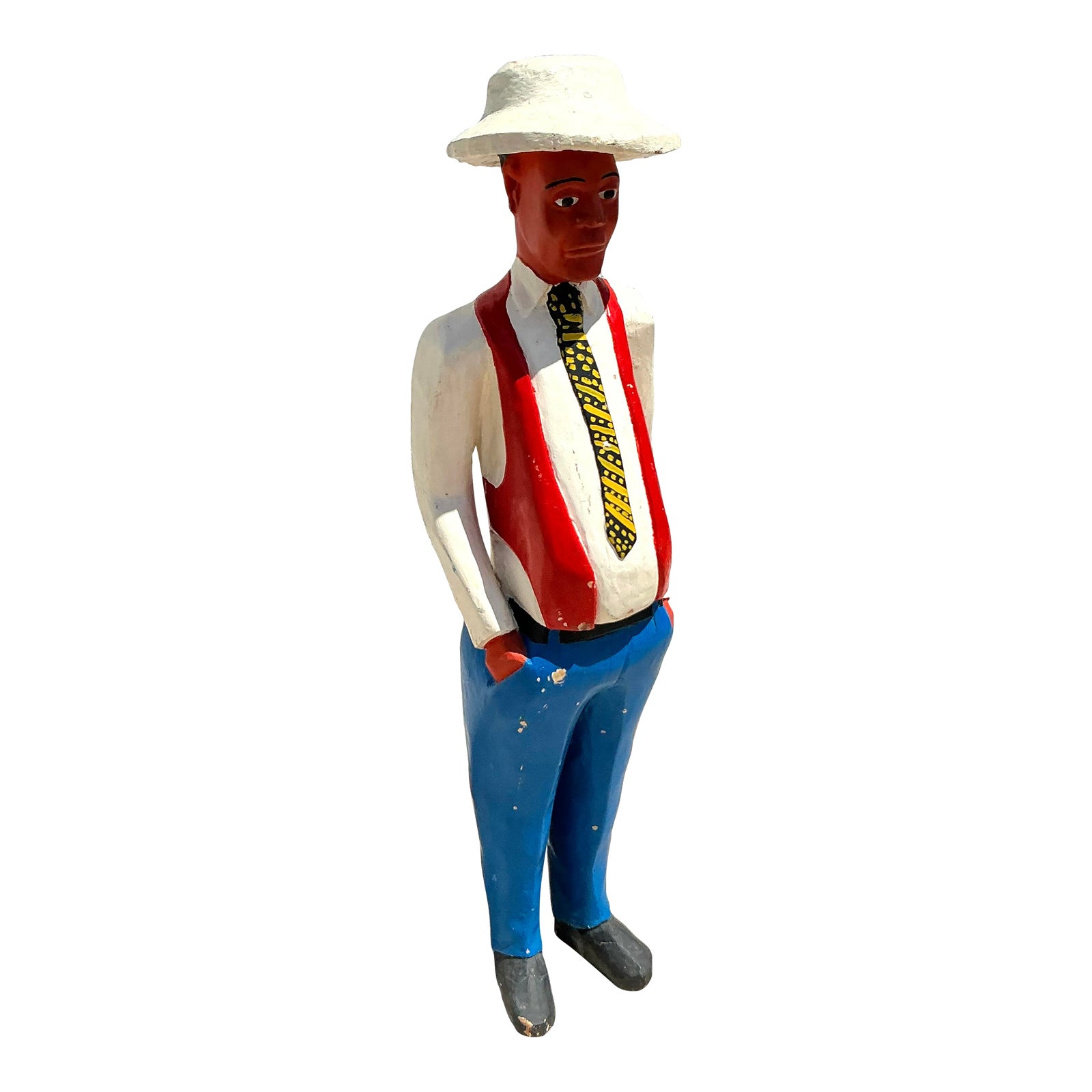 Vintage Boho Carved Wood Cuban Man Sculpture | Chairish