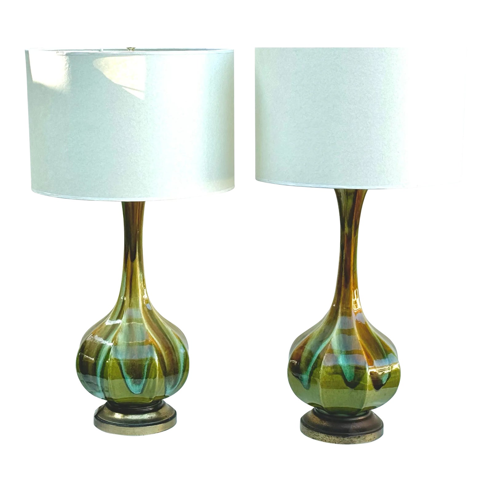 Pair Midcentury Green Chartreuse Swirl Glazed Lamps, Newly Re-Wired ...