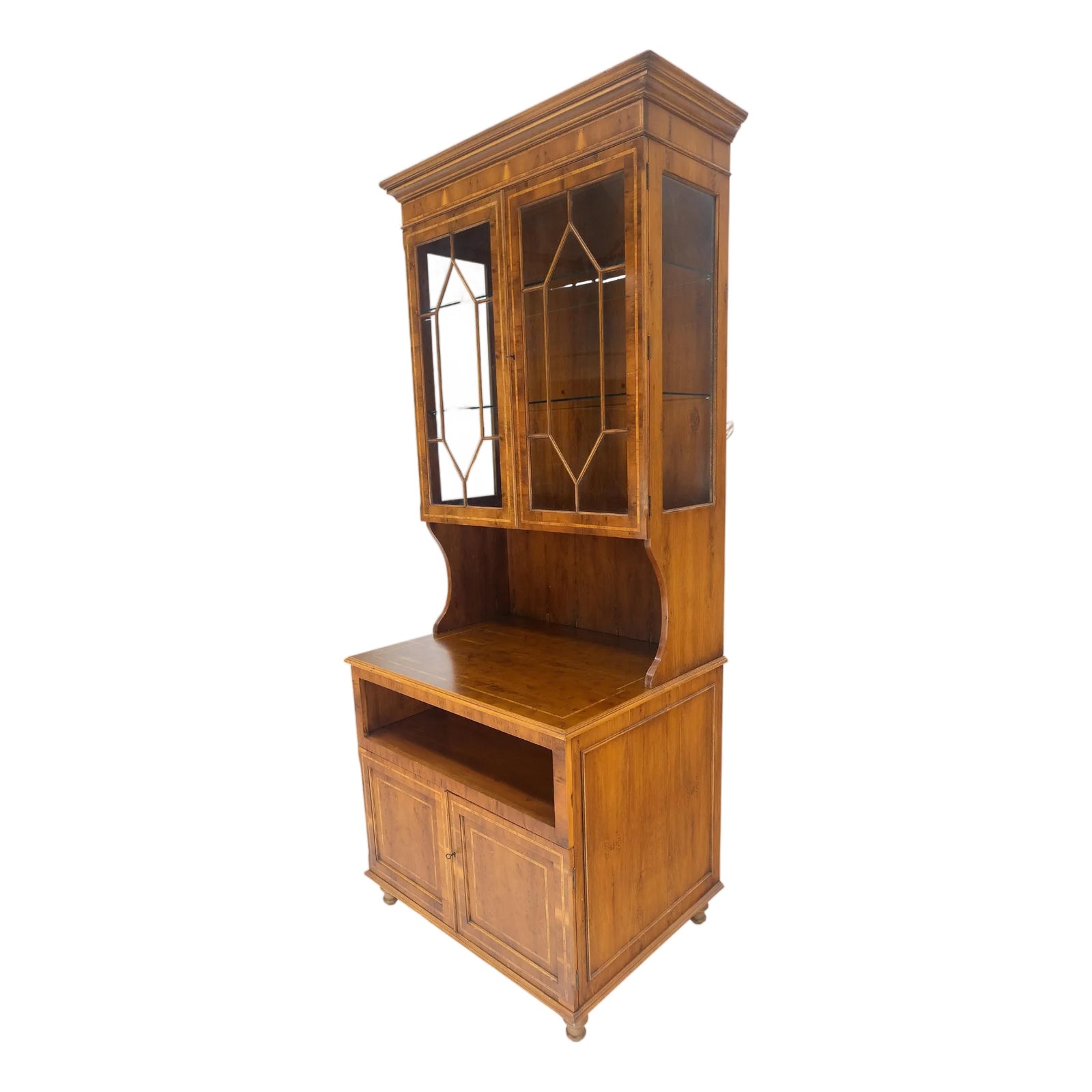 Inlayed 89" Yew Wood Deep Base Display China Cabinet Individual Glass ...