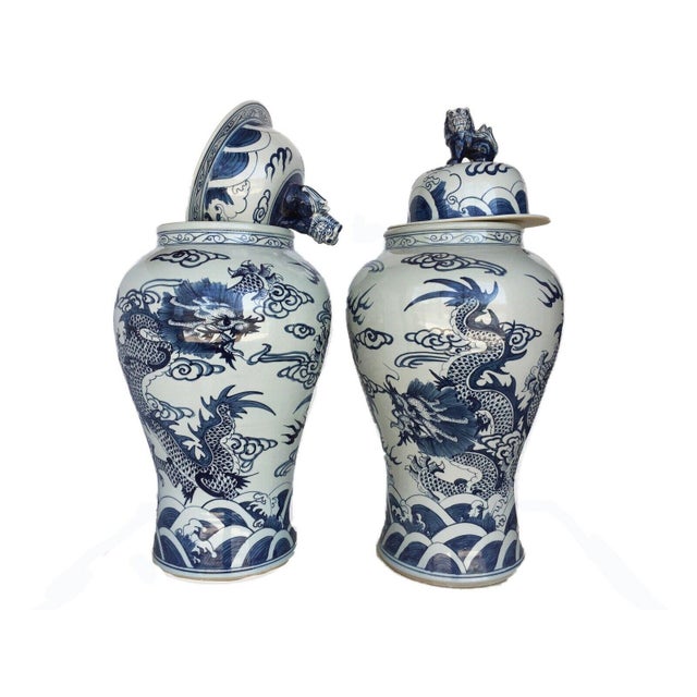 Lg Chinoiserie B & W Porcelain Ginger Jars Dragons Pair 35.5" H | Chairish