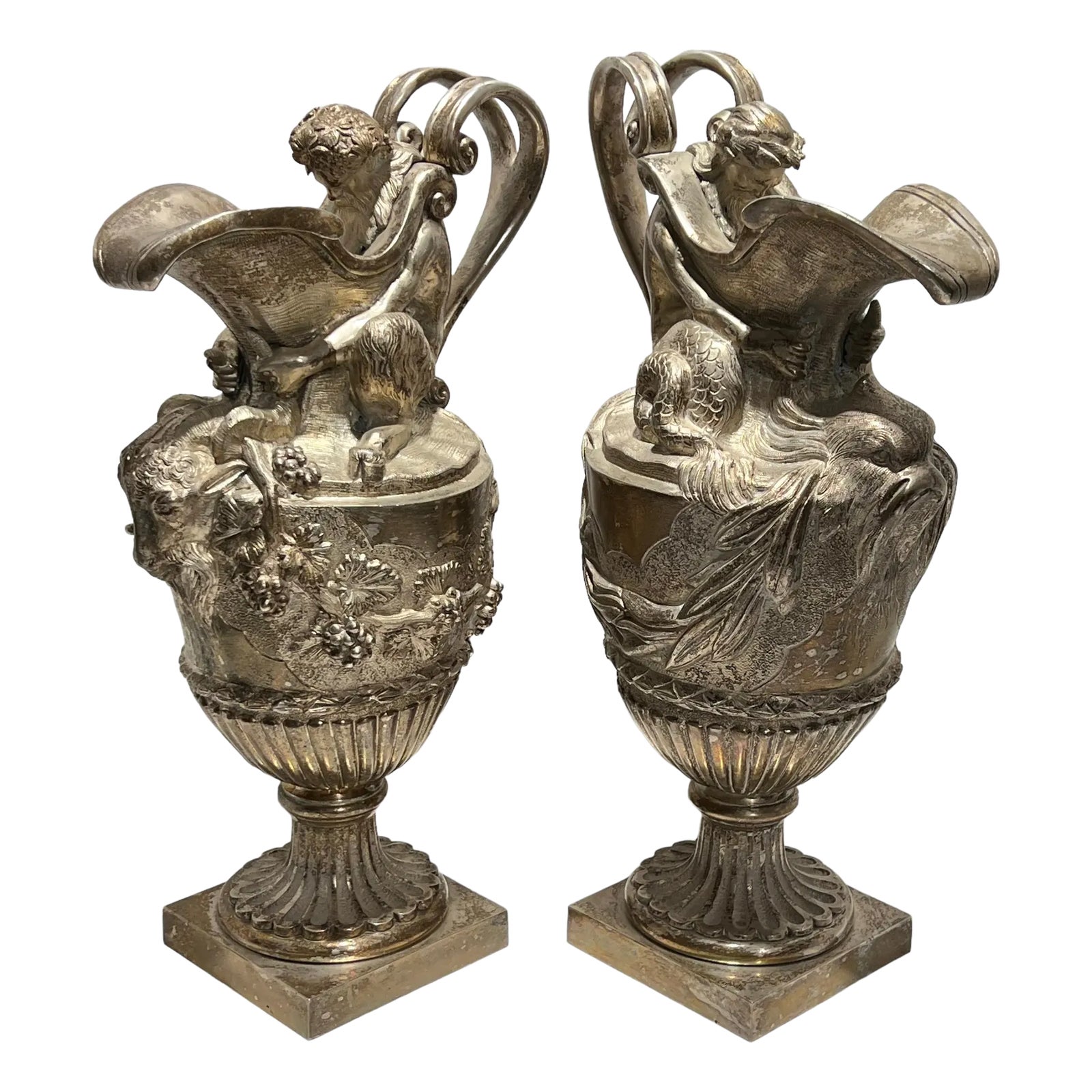 19th Century French Silvered Bronze Ewer Form Vases in Louis XVI Style ...