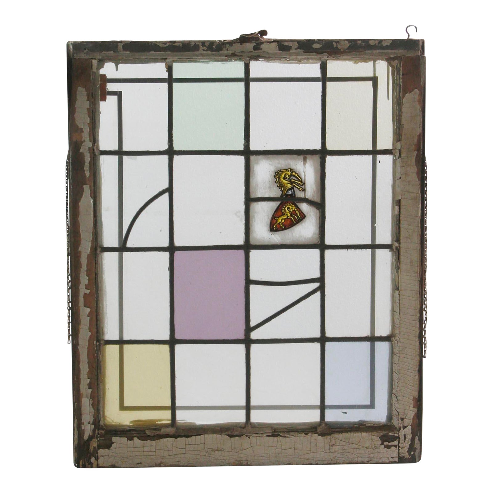 Reclaimed Abstract Coat of Arm Wooden Frame Stained Glass Window | Chairish