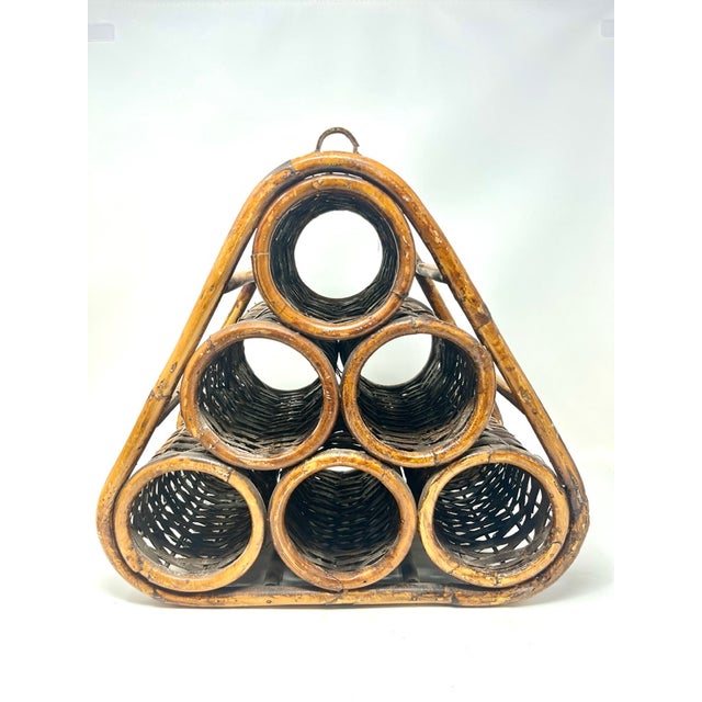 Vintage Mid-Century Boho 6 Bottle Rattan Wine Rack | Chairish