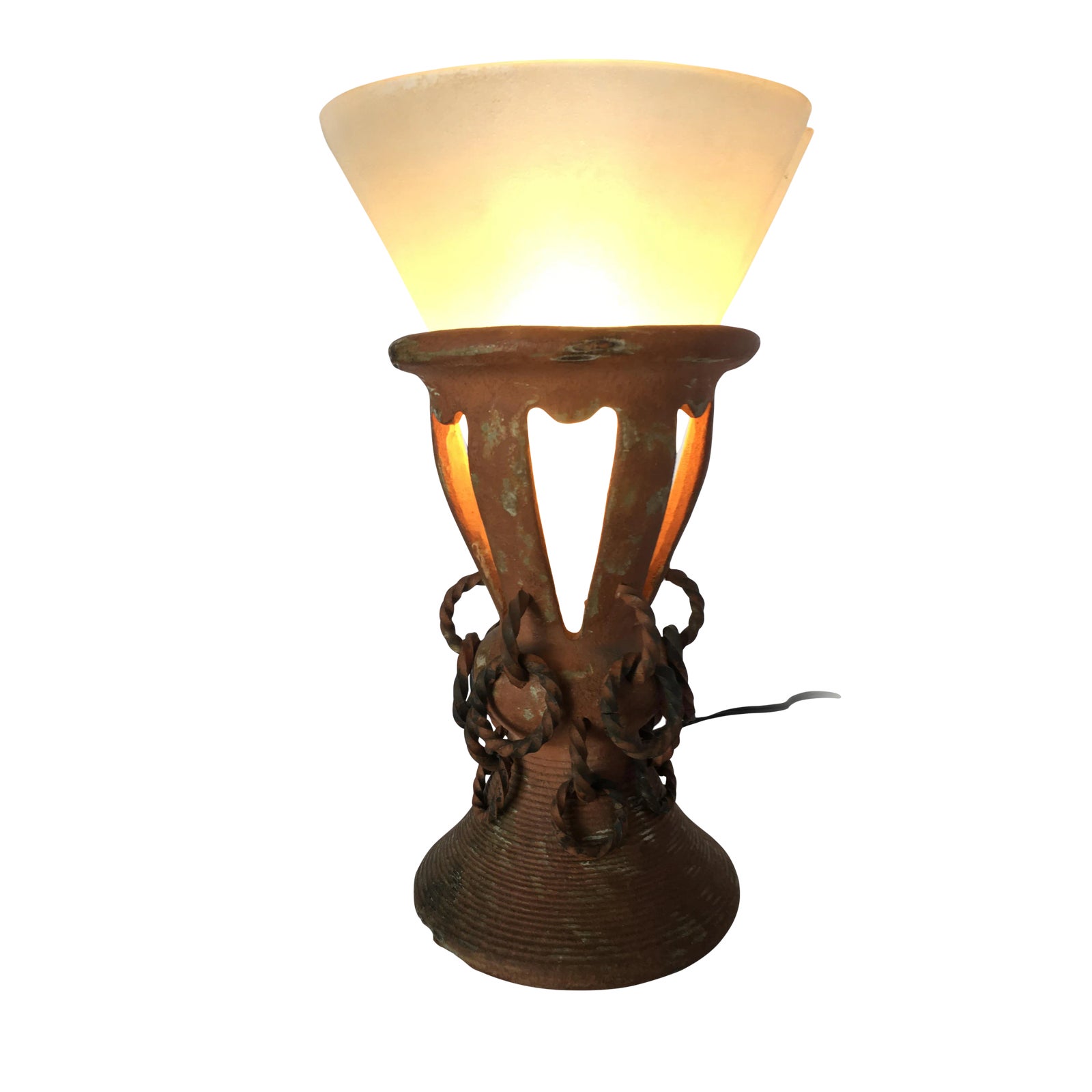 Iron and Clay Torchiere Table Lamp W/ Frosted Shade | Chairish