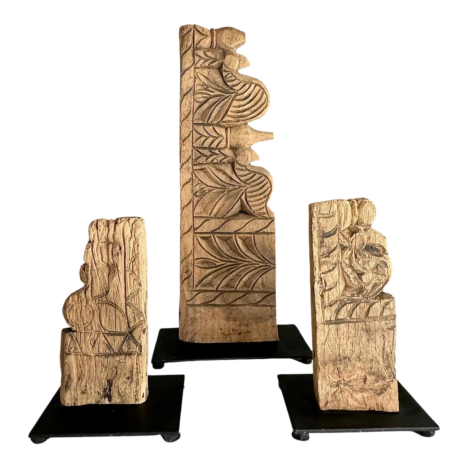 Trio Antique Architectural Carved Wood Fragments on Stands | Chairish