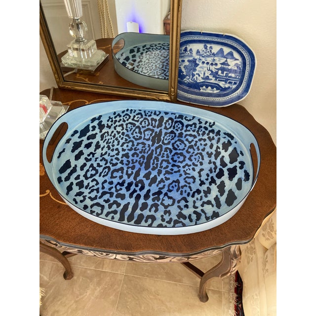 Contemporary Oval Blue Leopard Lacquer Tray | Chairish