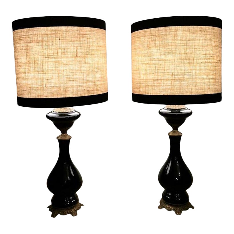Black Opaline Glass Oil Lamps With Lamp Shades - a Pair | Chairish