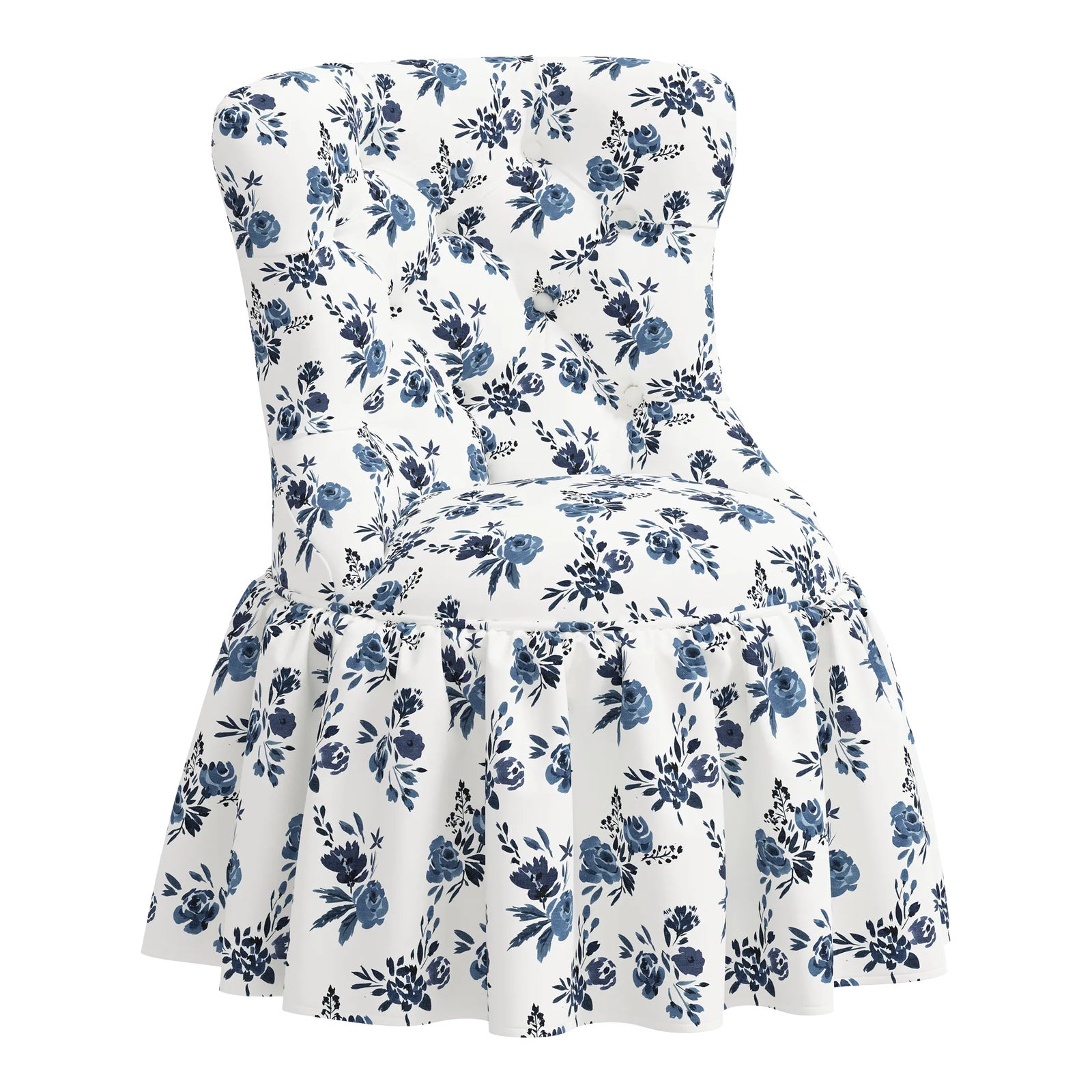 Tufted Vanity Chair with Skirt in Wildflower Blue | Chairish