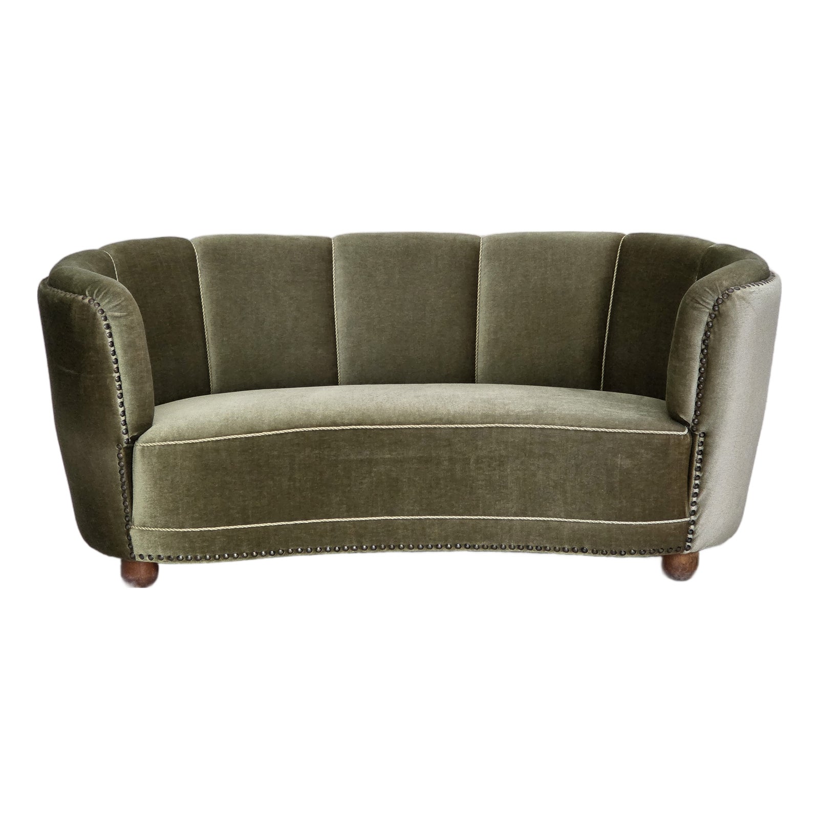 Danish 2-Seater Banana Sofa in Green Furniture Velour and Oak Wood Legs ...