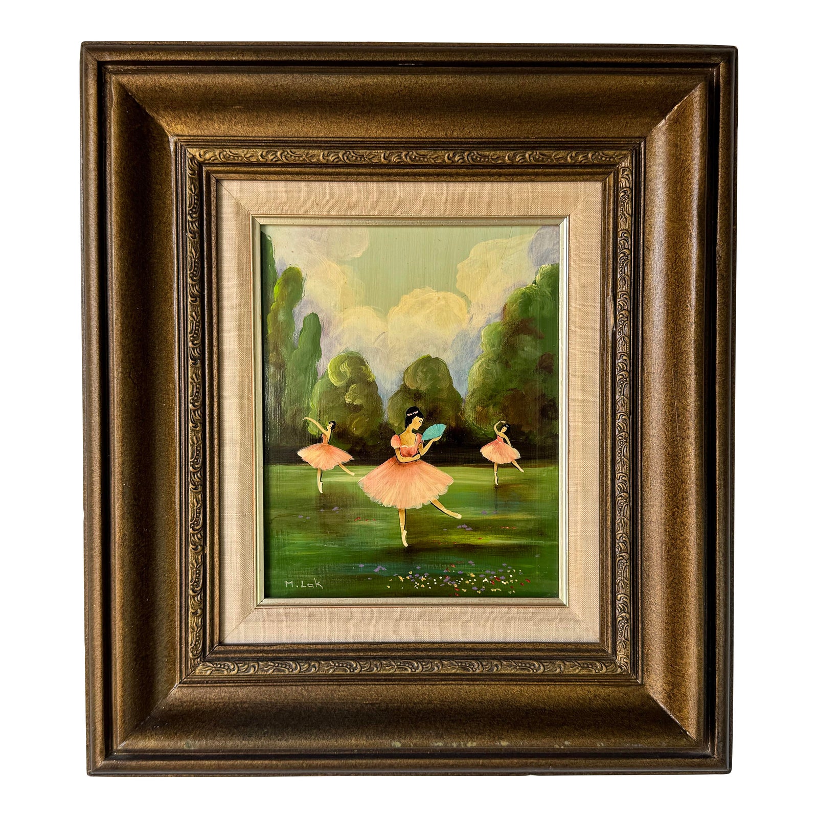 1980s Vintage “Three Ballerinas” Oil Painting on Masonite by Maria Lak ...