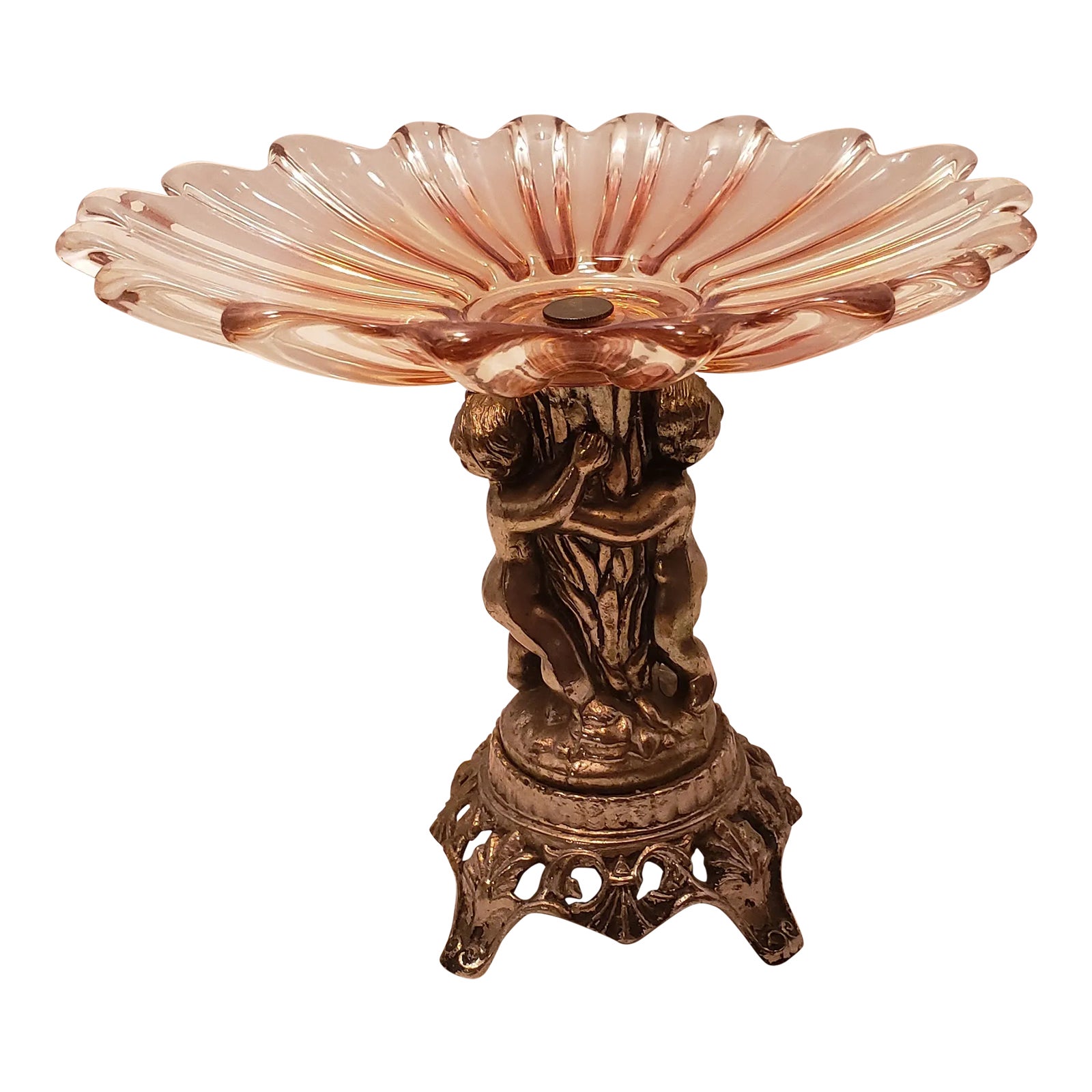 Antique Art Deco Cherub Metal & Pink Glass Compote | Chairish
