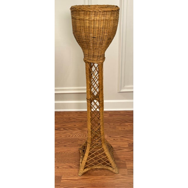 Vintage Coastal Large Rattan & Wicker Plant Stand | Chairish