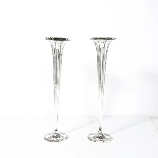 Pair of 1930s Art Deco Silver Plate Fluted Trumpet Vases | Chairish