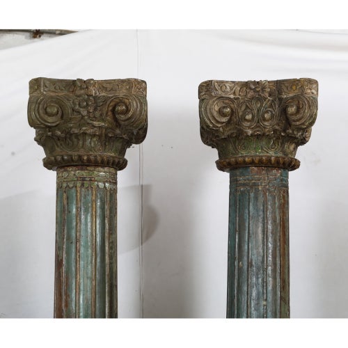 Pair of Antique Indian Painted Teakwood Column on Stone Base | Chairish