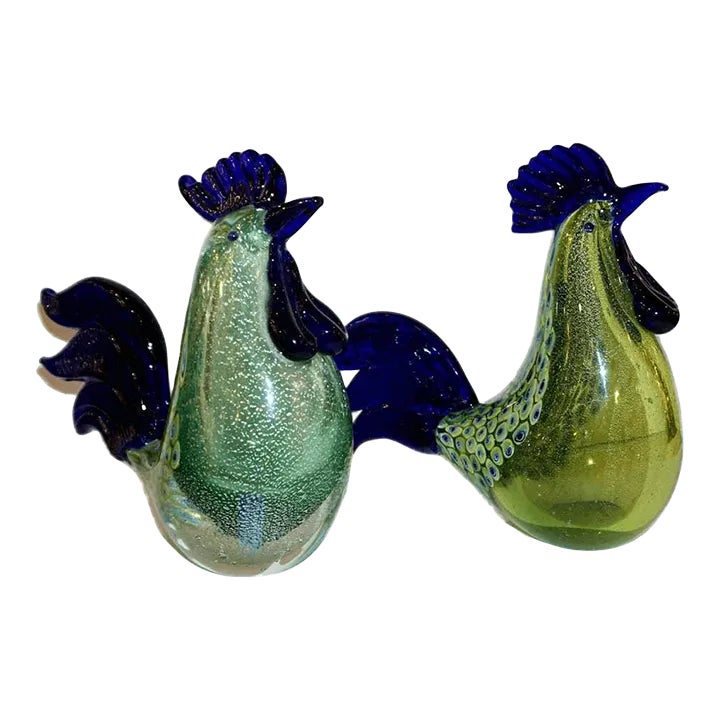 1980s Pair Of Italian Vintage Silver Navy Blue Green Murano Glass Hen