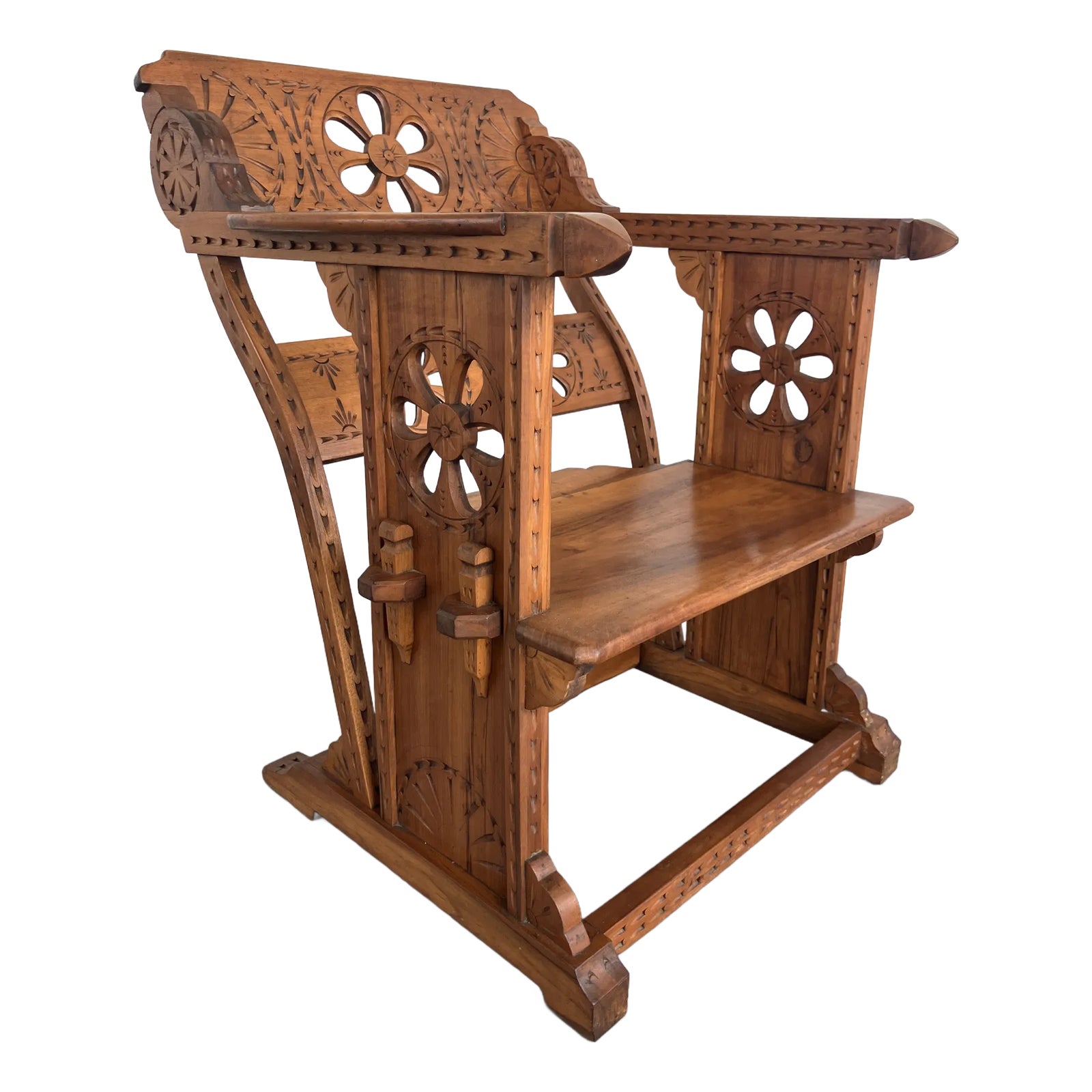 Early 20th Century Spectacular Carved Artisan Chair in Walnut | Chairish