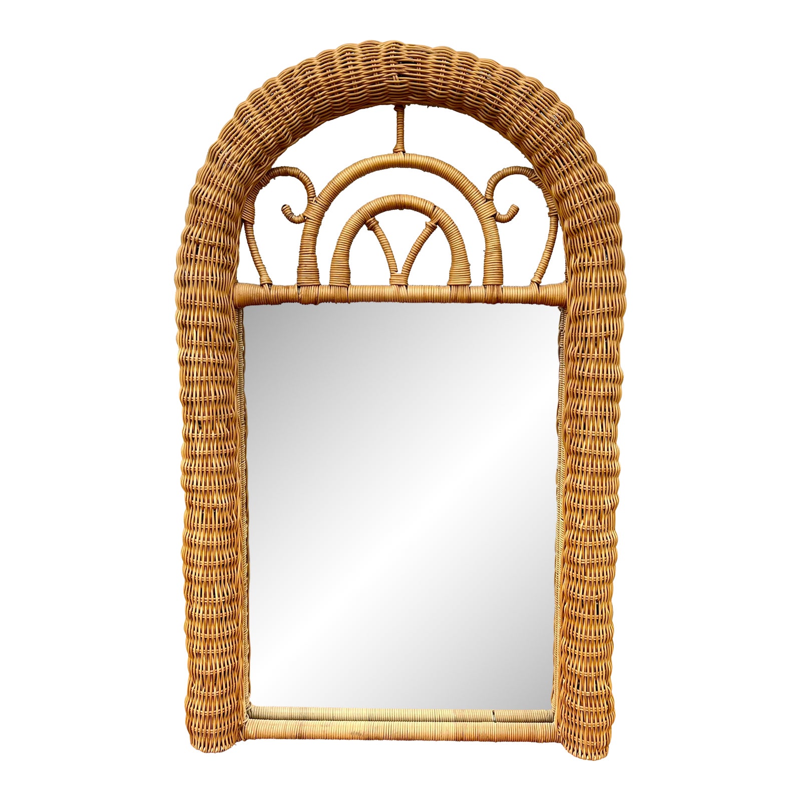 Large Vintage Arched Natural Woven and Wrapped Wicker Rattan Mirror ...