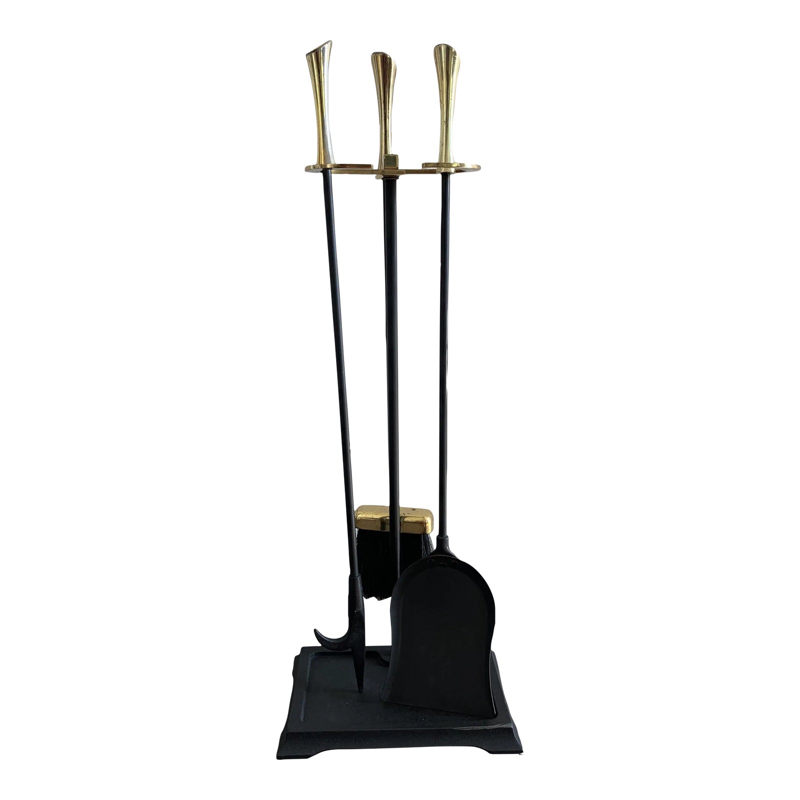 Mid-Century Modern Brass and Black Fireplace Tool Set - 4 Pieces | Chairish