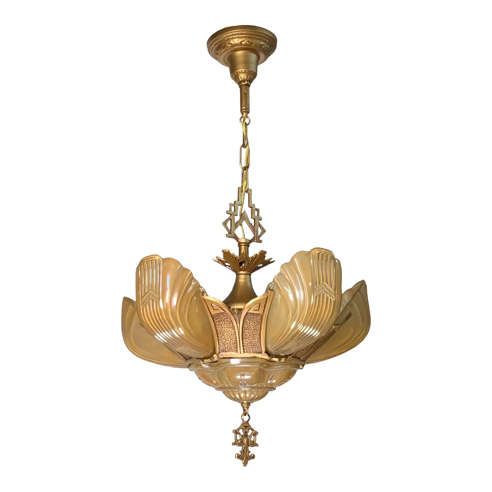 1930s Art Deco Markel Chevron 6 Light Slip Shade Chandelier | Chairish