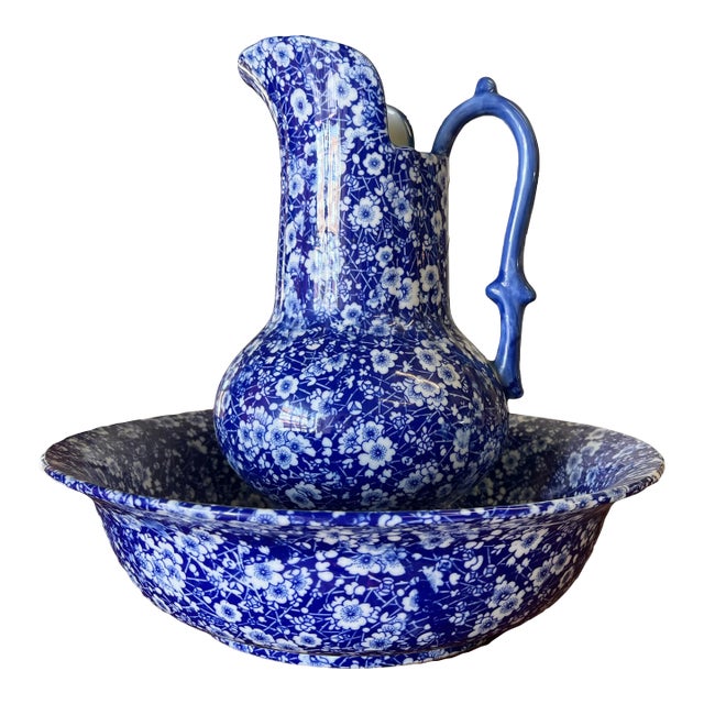 1930s Blue & White Floral Calico Pitcher & Bowl Signed Victorian Ware ...