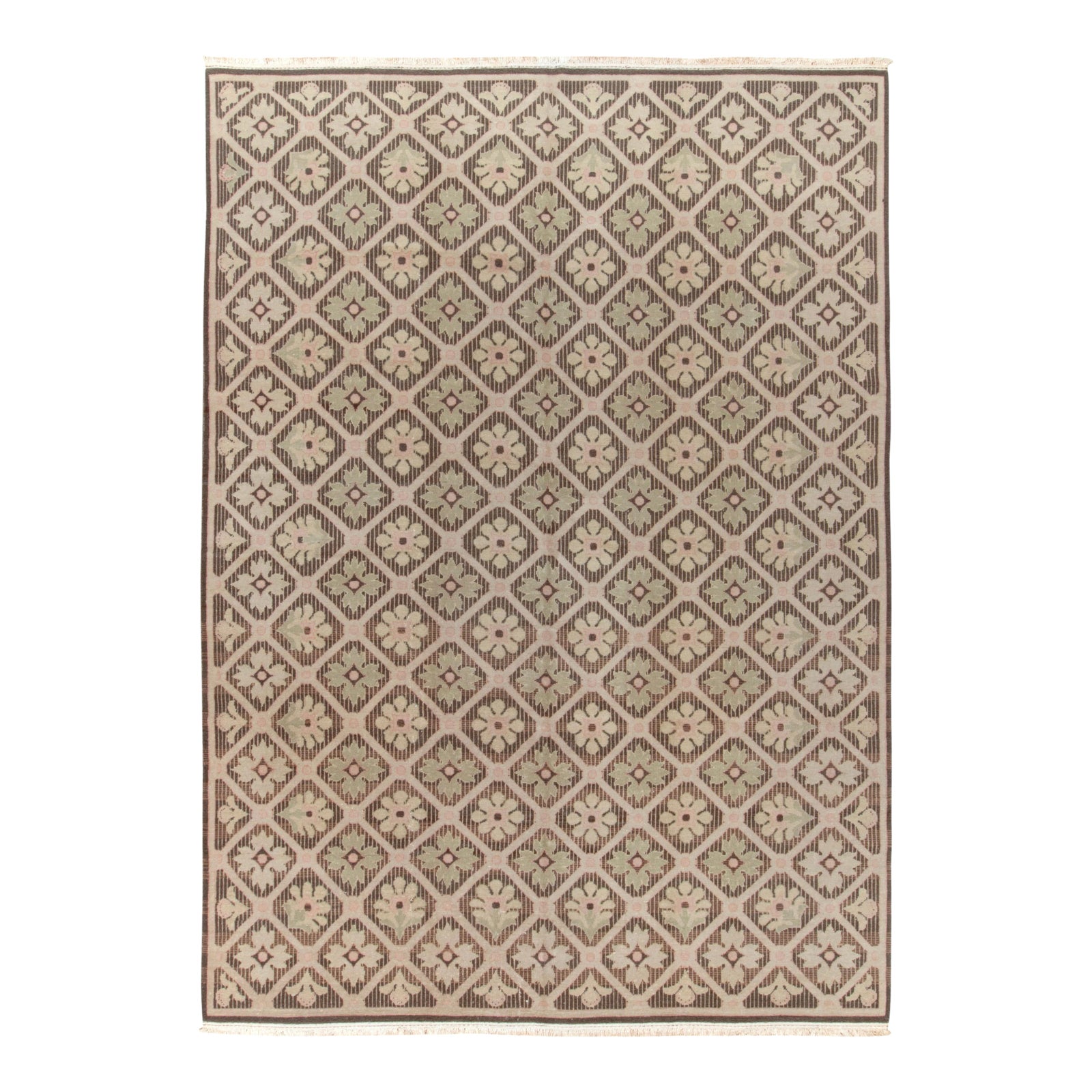 Vintage French Country Style Rug in Beige-Brown, Pink, Green Floral ...