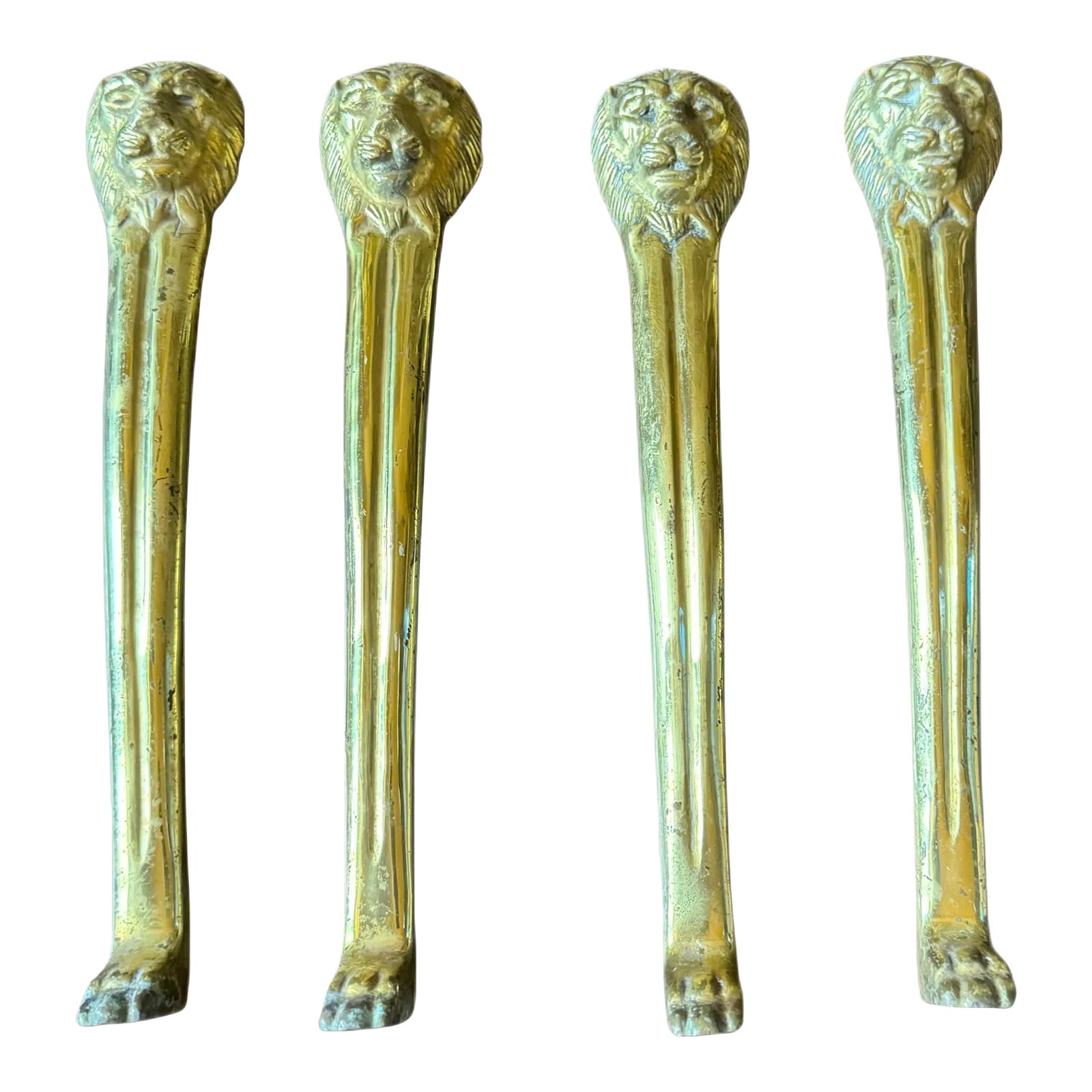 Vintage Brass Lion Head Long Door Handles - Set of 4 | Chairish