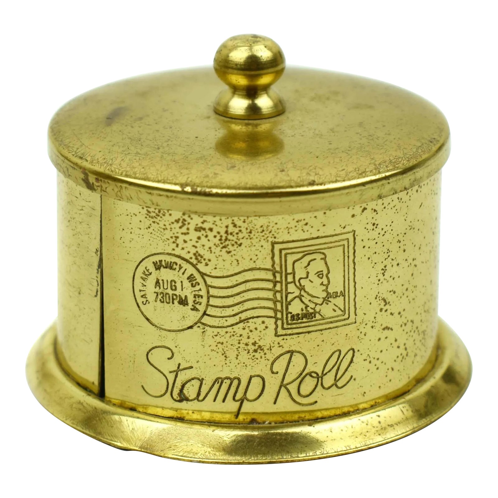 Late 20th Century Gold Brass Stamp Roll Holder | Chairish