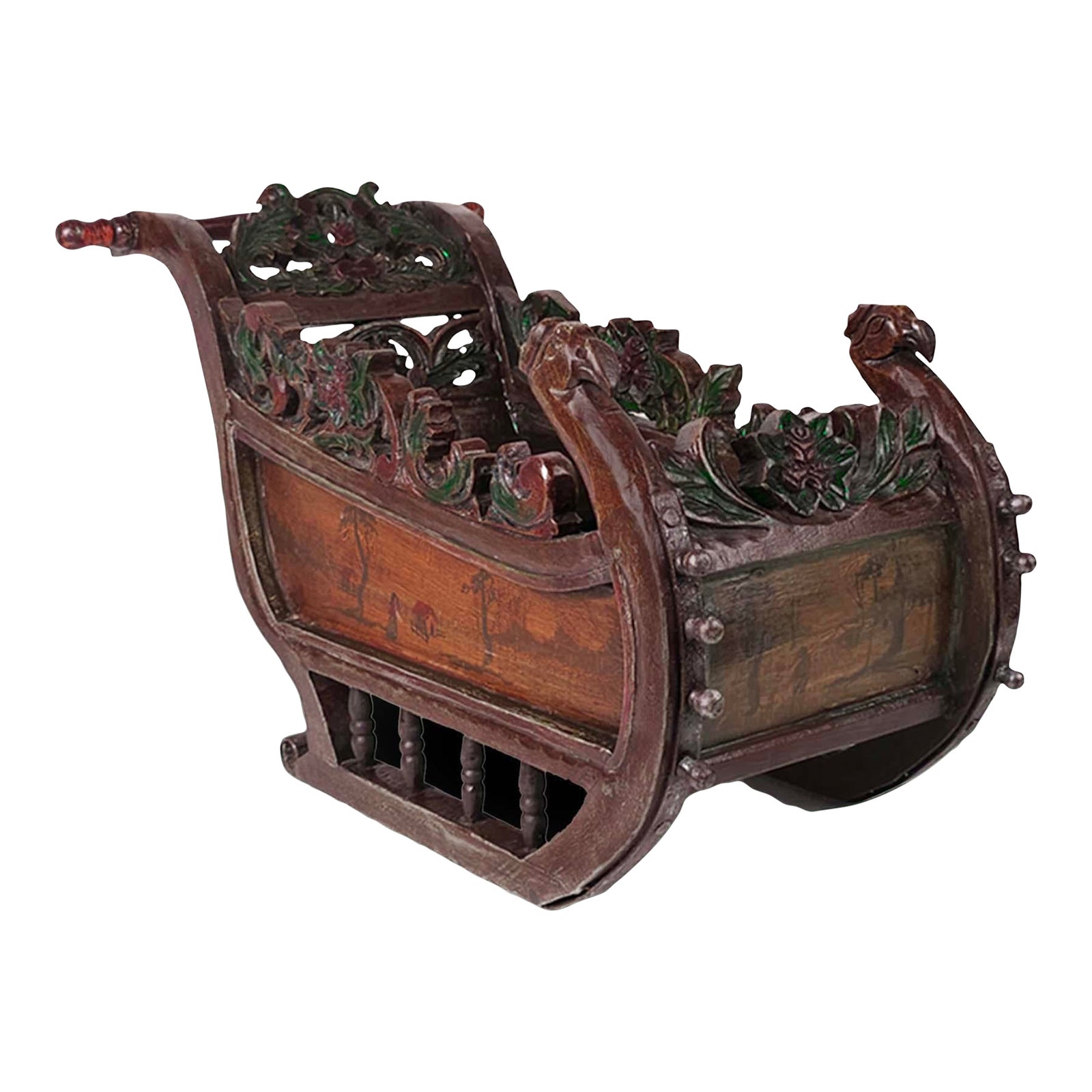 Vintage German Carved Wooden Sleigh With Hand Painted Scenes | Chairish
