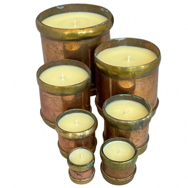 Set of 7 Gardenia Candles in Antique Copper & Brass Containers | Chairish