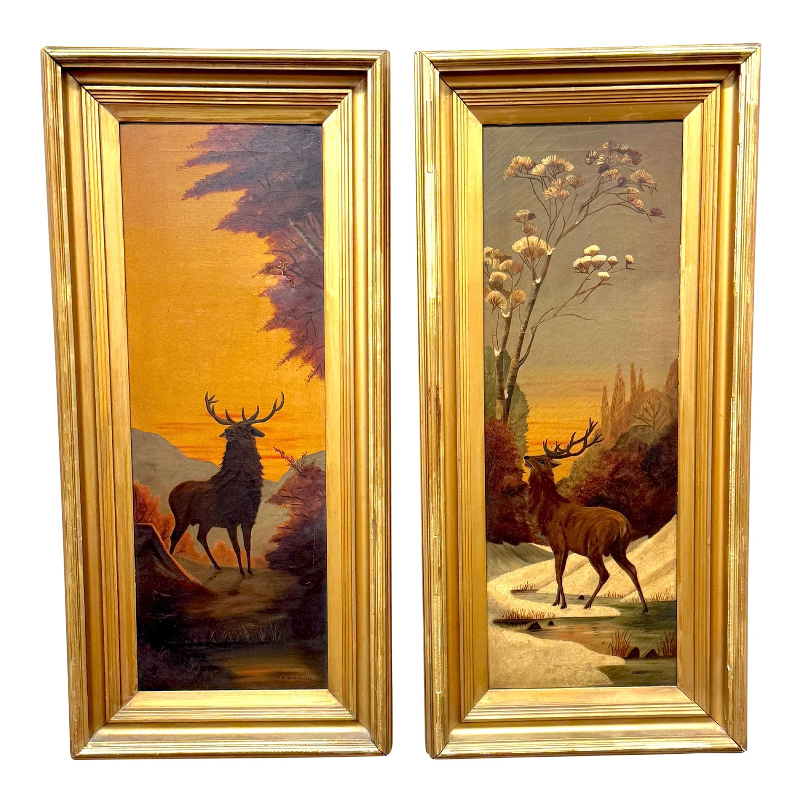 Pair American Sporting Paintings Elk & White-Tailed Deer Buck, Signed A ...