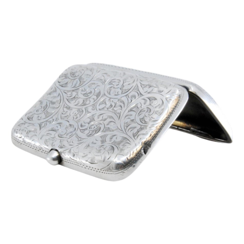 Silver Cigarette Case with Engraved Floral Motifs and Hinged Lid | Chairish
