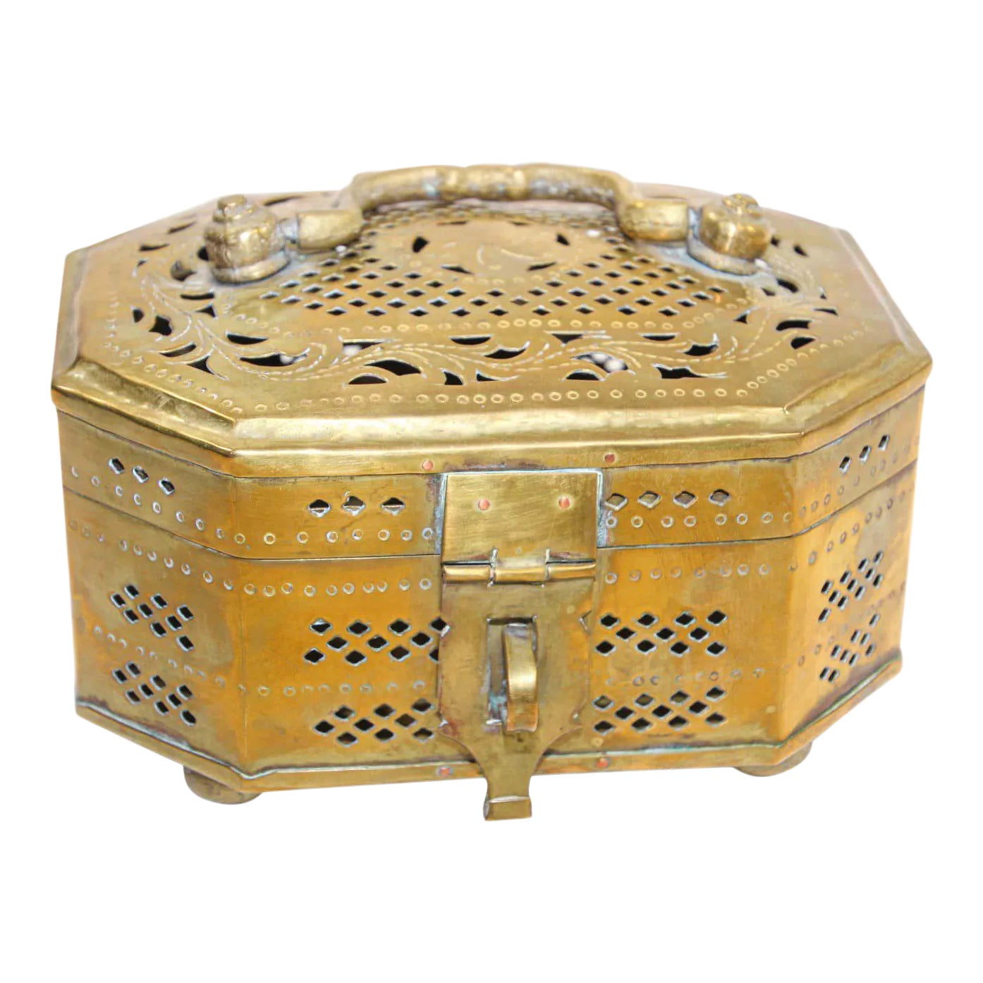 Mughal Indian Polished Brass Pierced Incense Box | Chairish