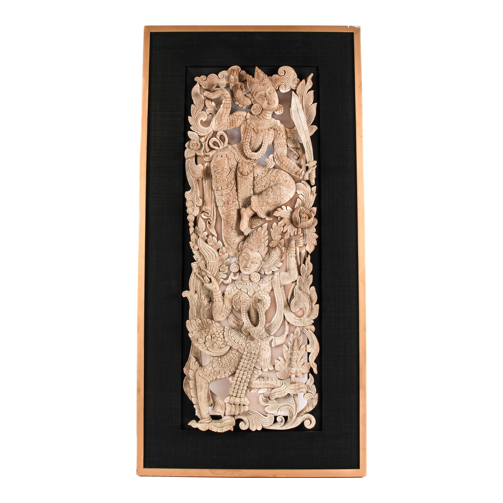 Framed Carved Wood Relief Panel of a Man and a Kinnari | Chairish