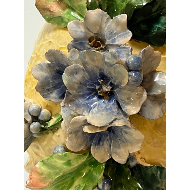 Vintage Made in Italy Majolica Barbotine Applied Flower Vase | Chairish