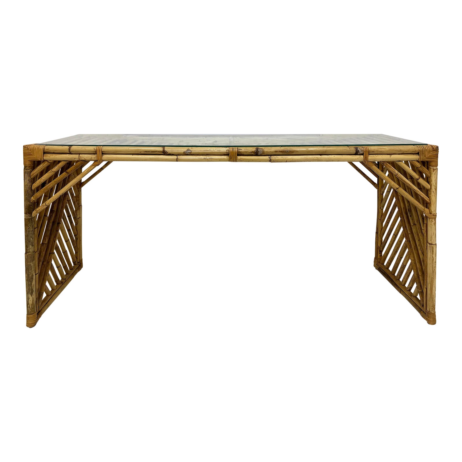 Vintage Coastal Lattice Rattan Console Table With Glass Top | Chairish